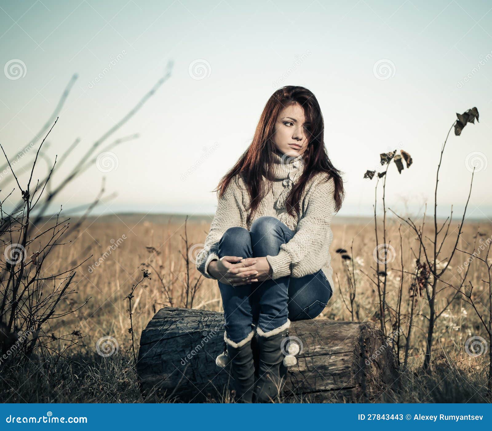 Lonely Woman at Fall Meadow Stock Image - Image of sensuality, stylish ...