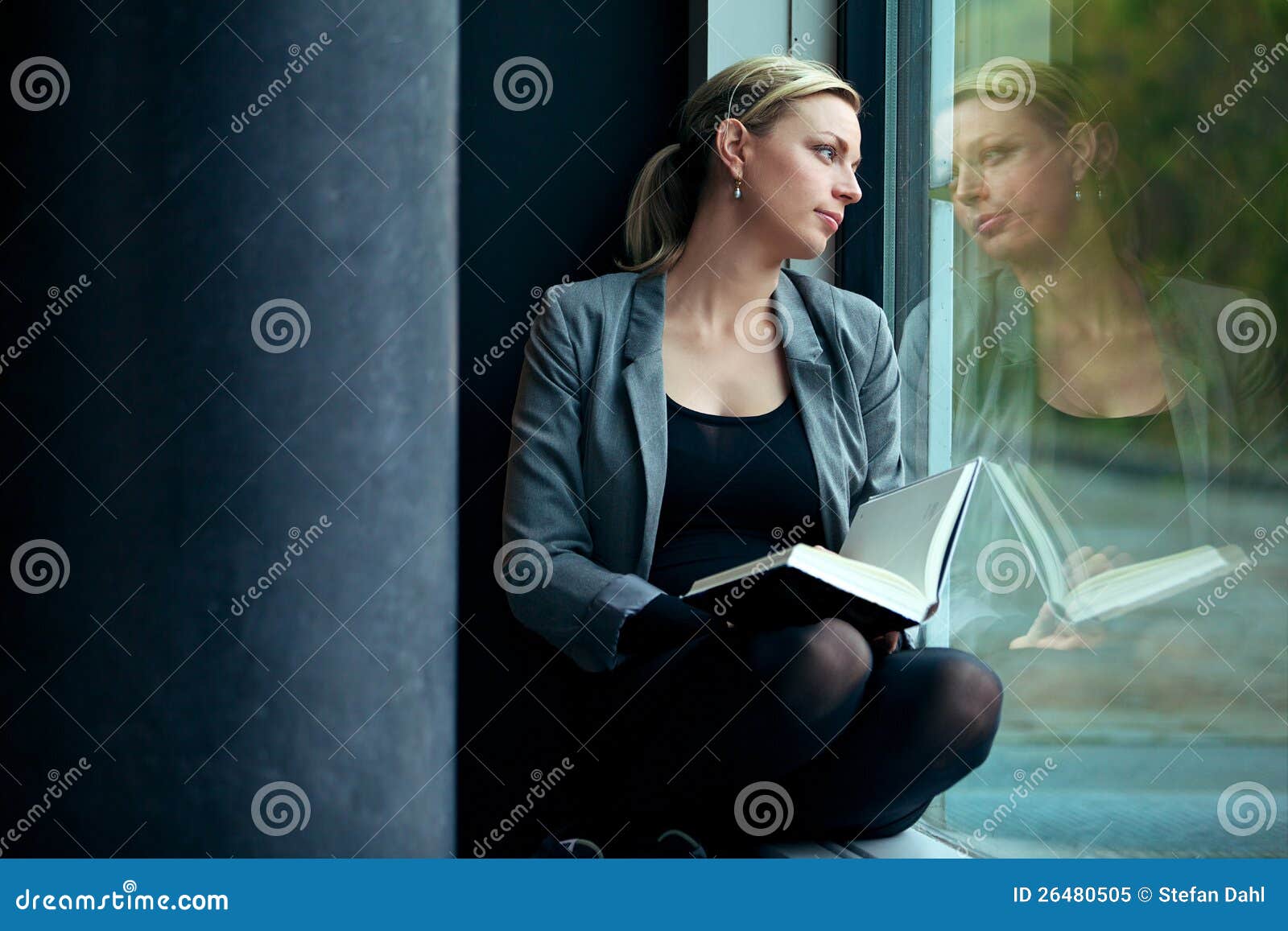 Lonely Woman Reading and Dreaming Stock Image - Image of blonde ...