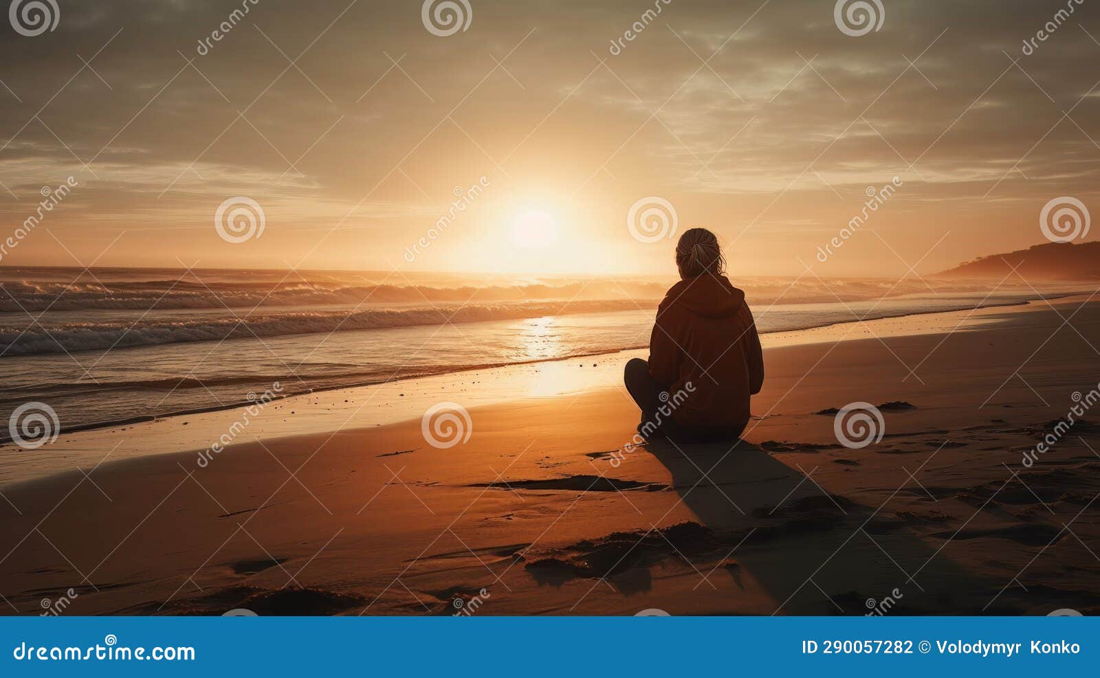 Lonely Woman Thinking about Life on a Beach at Sunset. Generative Ai ...