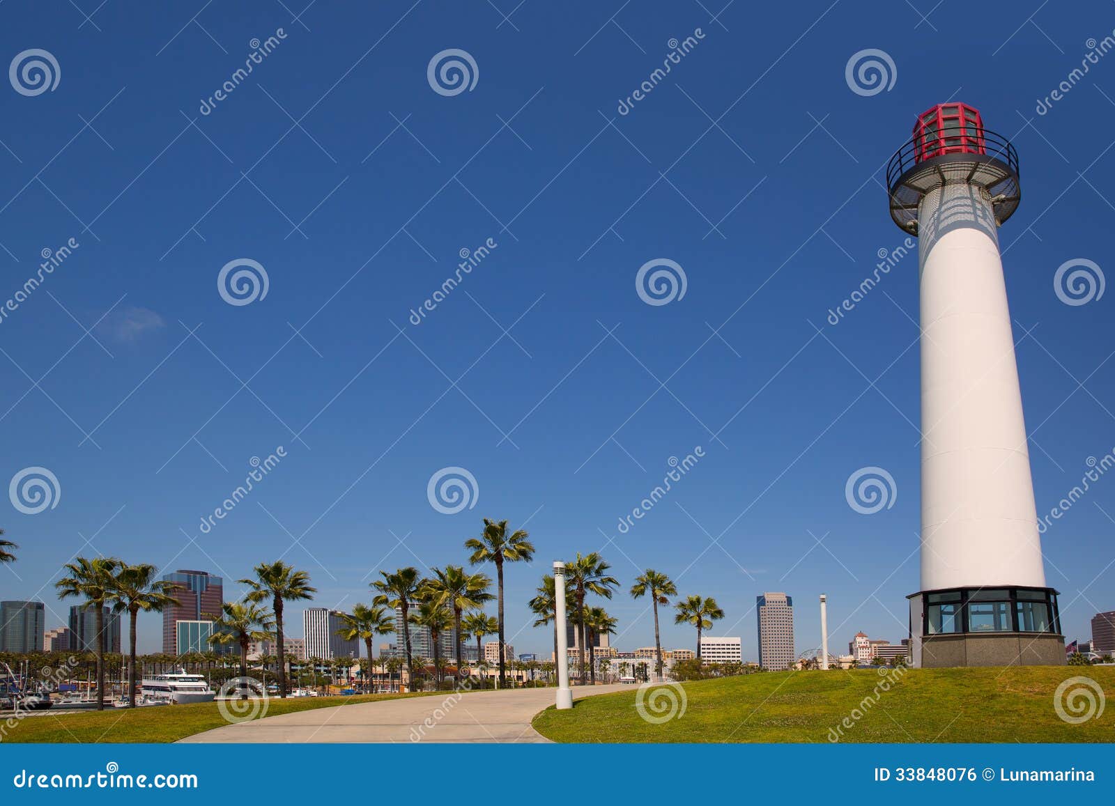 Long Beach California Skyline from Shoreline Lighthouse Stock Photo ...