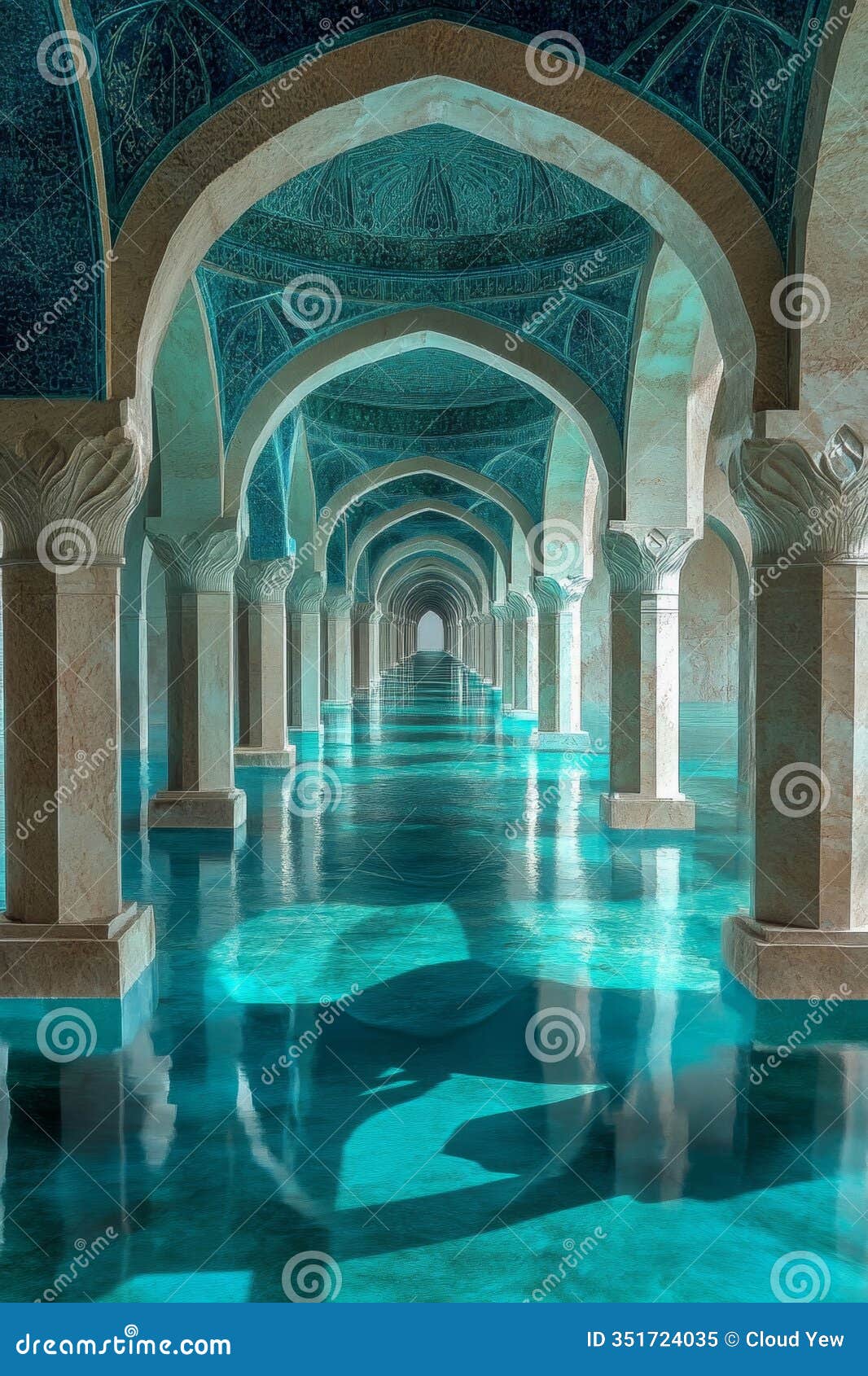 A Long Blue Hallway with Pillars and a Pool of Water Stock Illustration ...