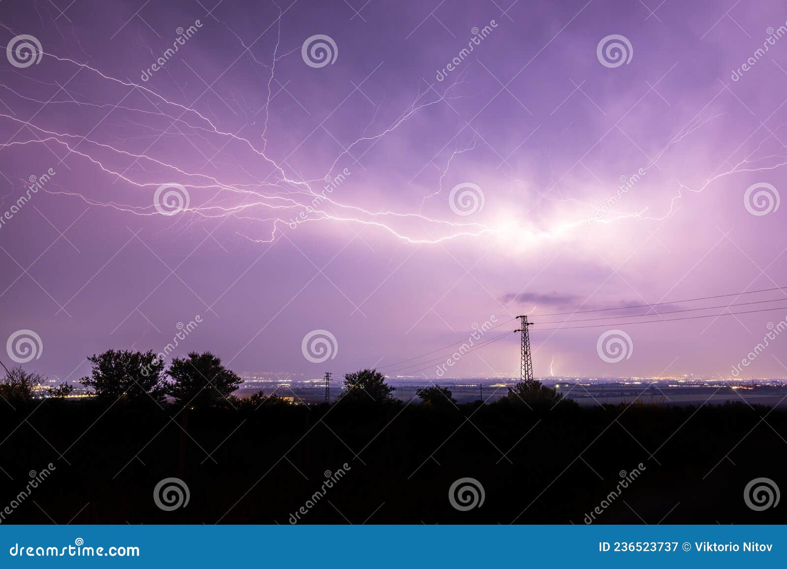 Long, Branched, Powerful Lightning Bolts Strike Down Behind the Trees ...