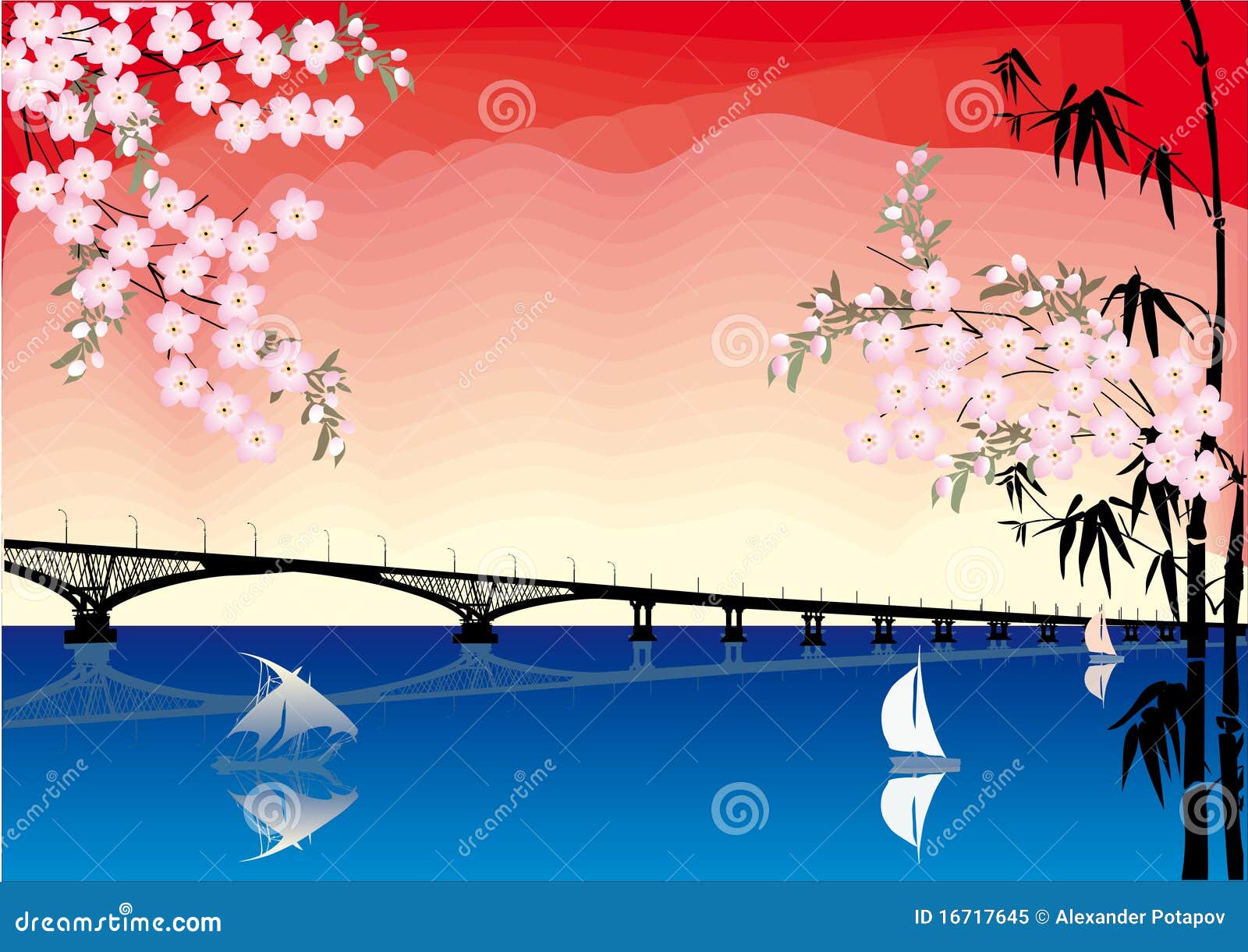 Long Bridge and Spring Flowers Stock Vector - Illustration of ...