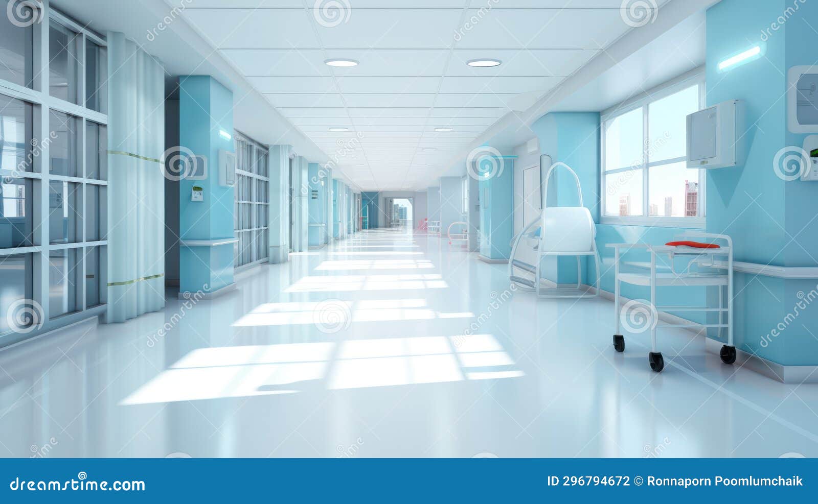 A Long, Bright Hospital Corridor with Rooms and Seating Stock Photo ...