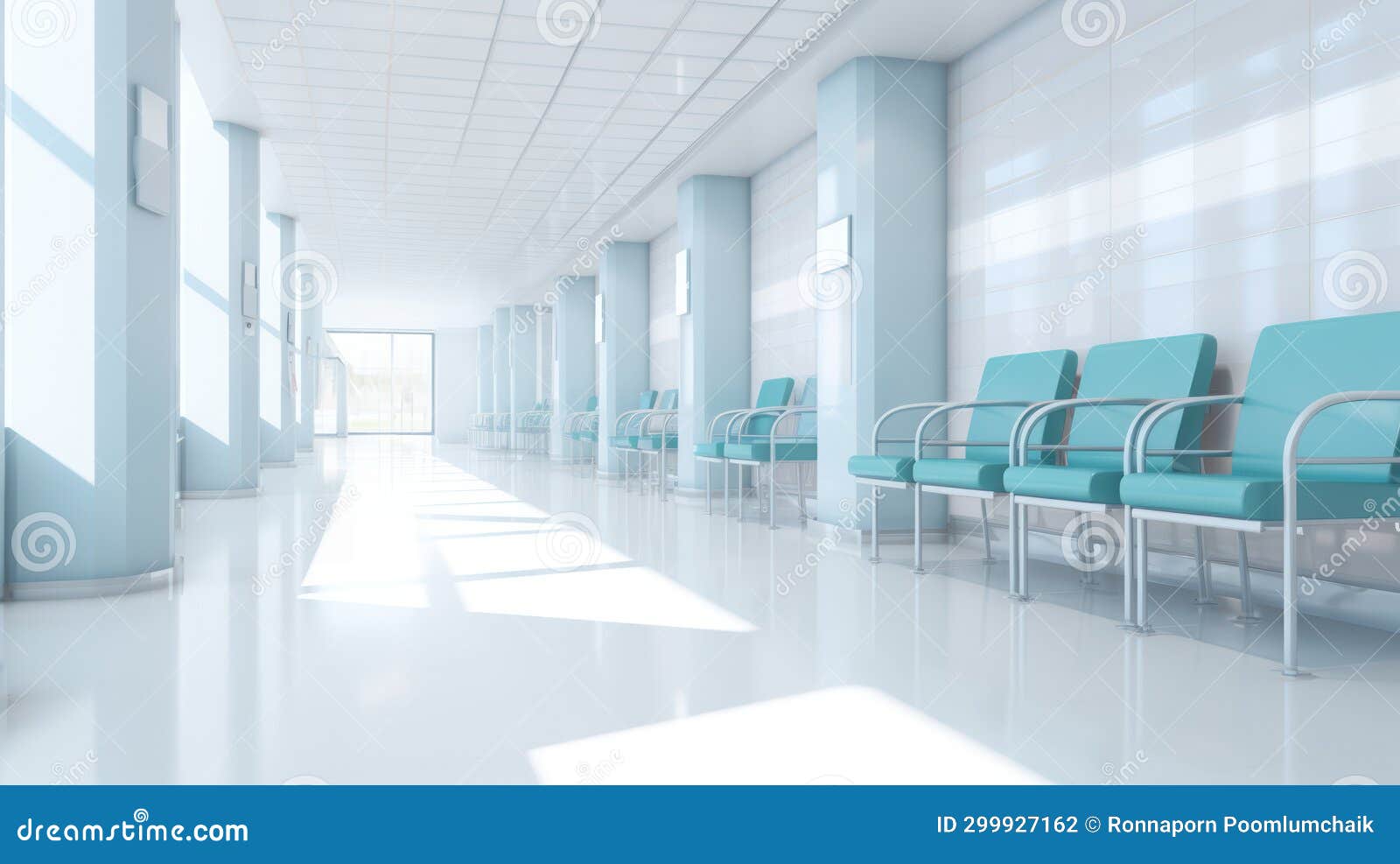 A Long, Bright Hospital Corridor with Rooms and Seating Stock Photo ...