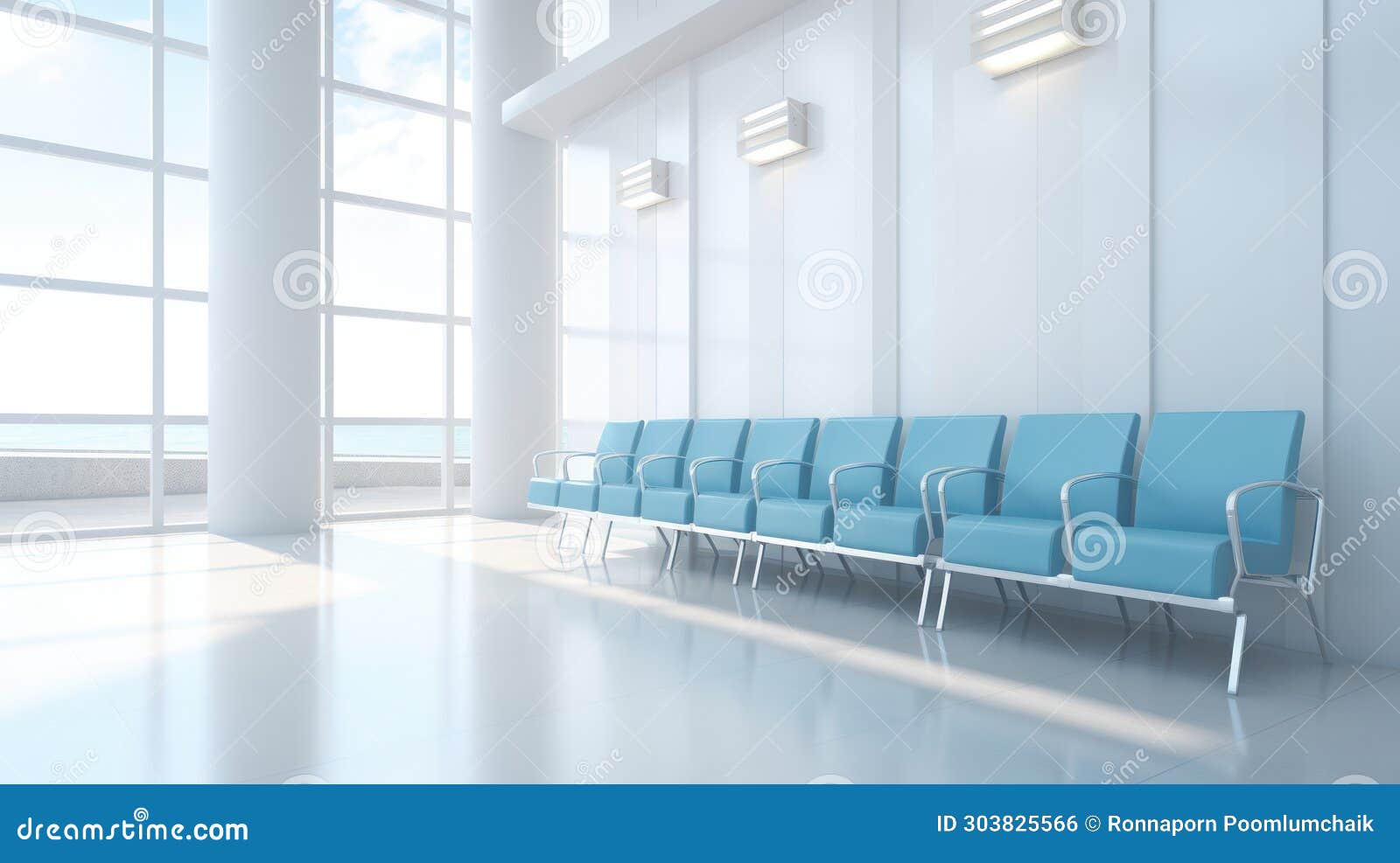 A Long, Bright Hospital Corridor with Rooms and Seating Stock ...