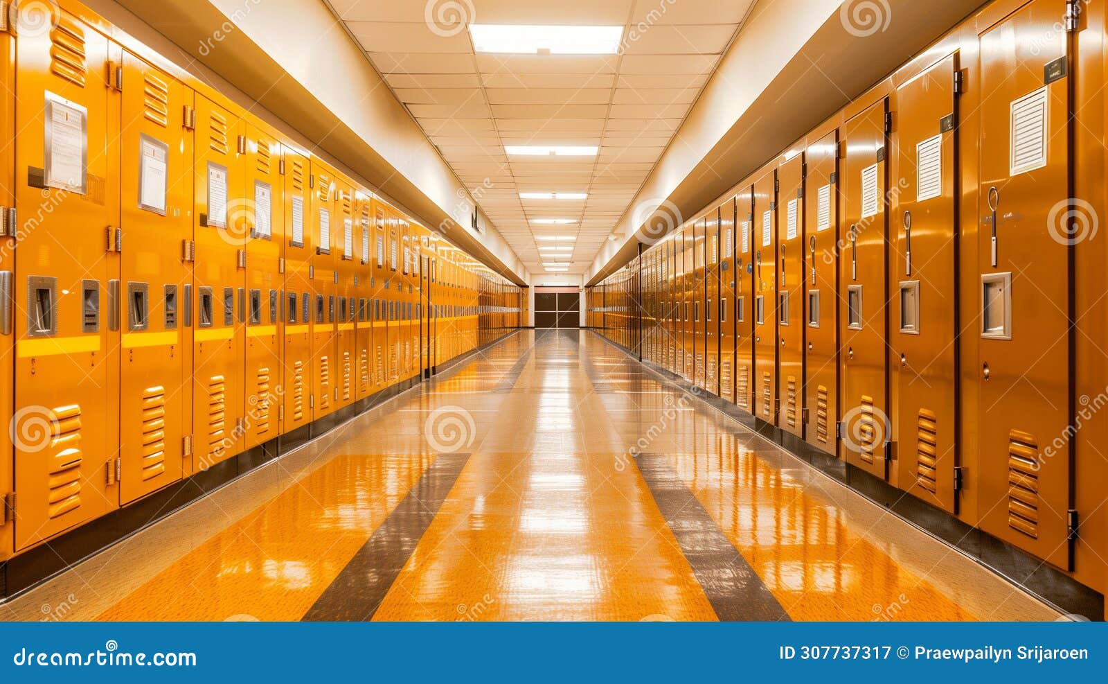 A Long, Brightly-lit Hallway Lined with Rows of Vibrant Orange Lockers ...