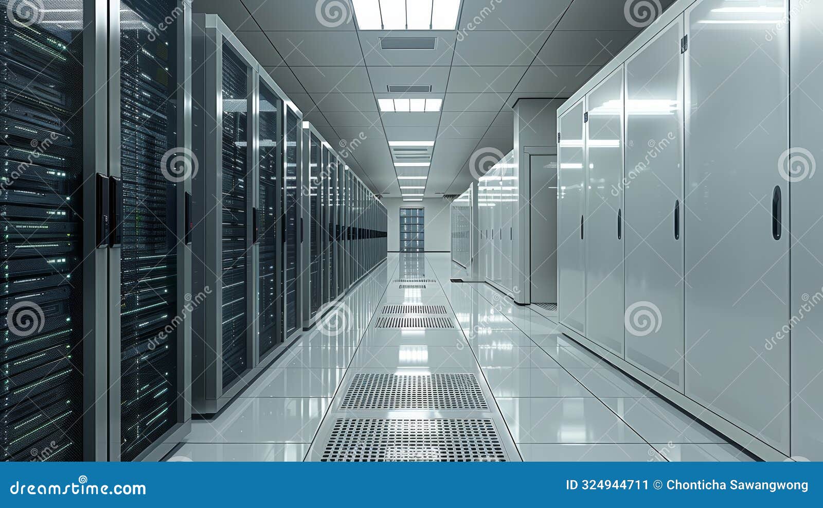 A Long, Brightly Lit Hallway Lined With Server Racks In A Modern Data ...