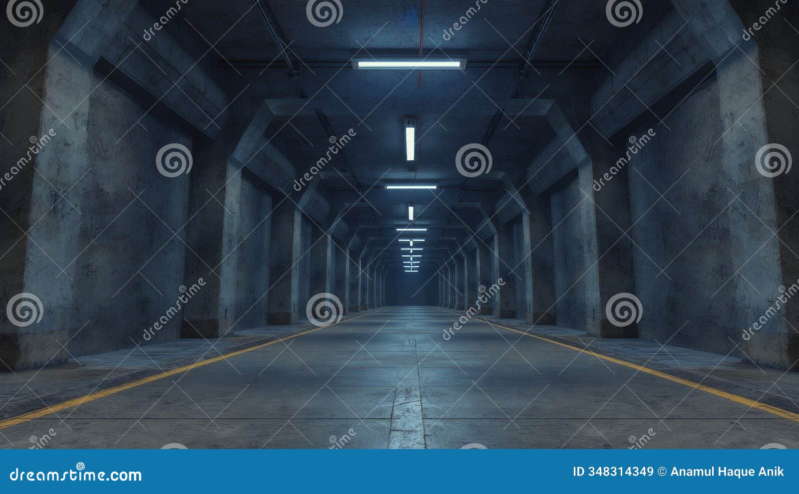 A Long Concrete Corridor with Fluorescent Lights Stock Illustration ...