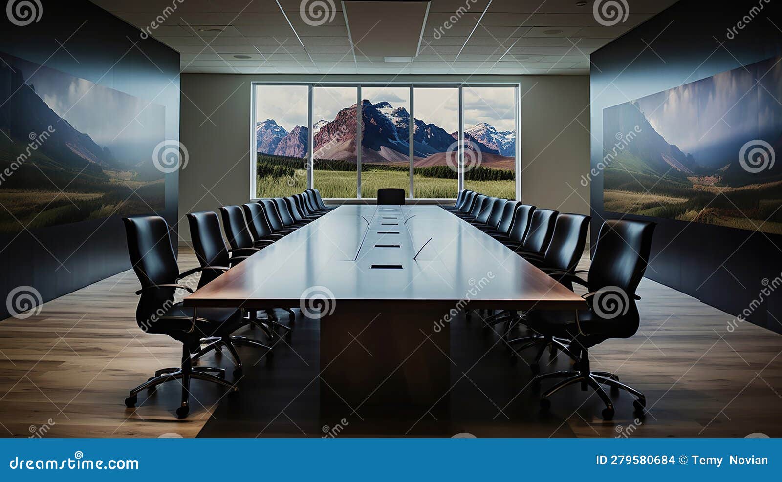 A Long Conference Table with Black Chairs in an Office. Generative Ai ...