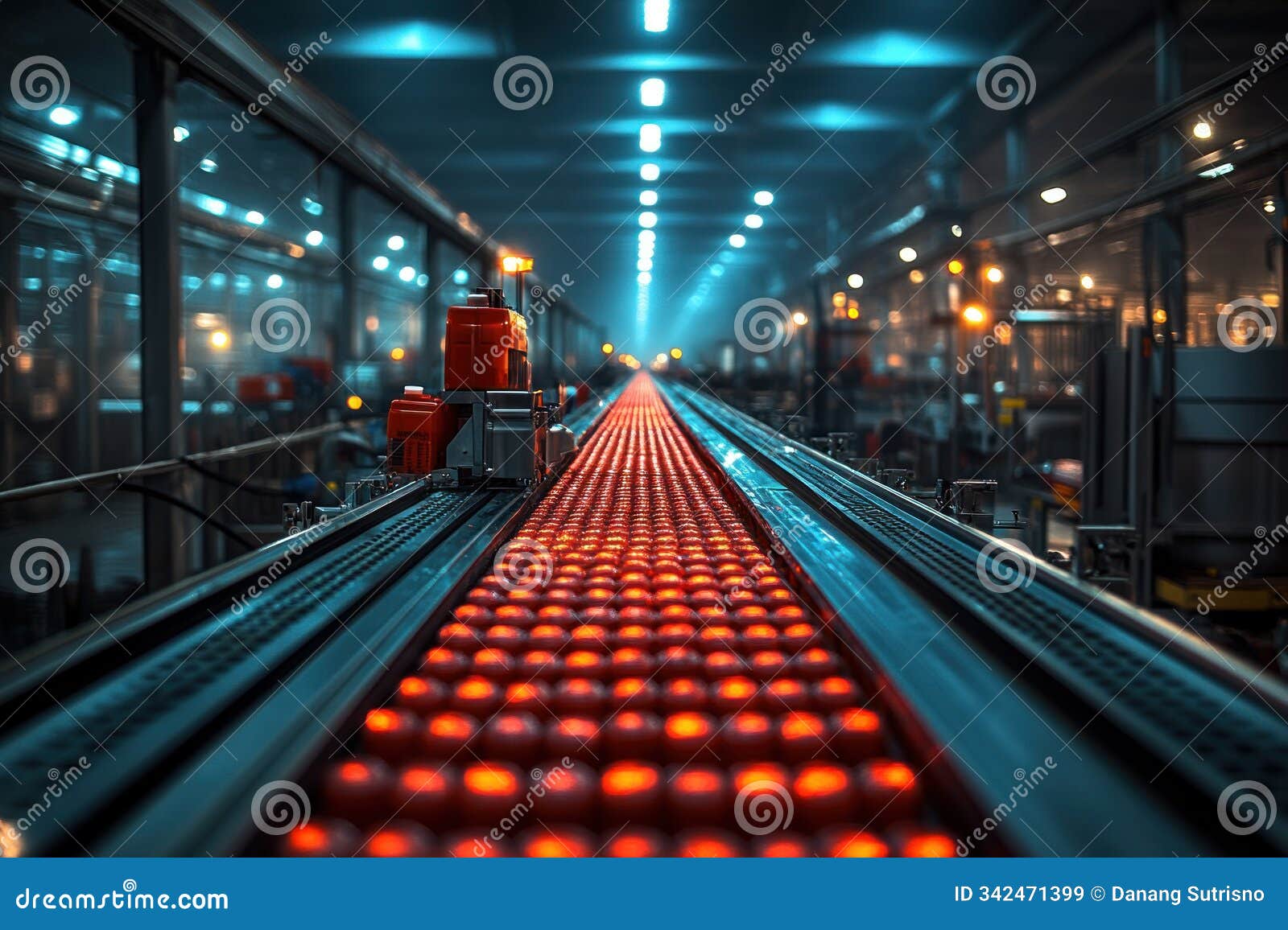 A Long Conveyor Belt in a Factory, Illuminated by Bright Overhead ...