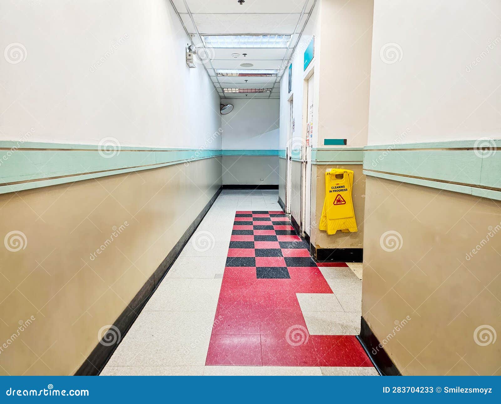 Long Corridor with Cleaning in Progress Warning Sign. Stock Image ...