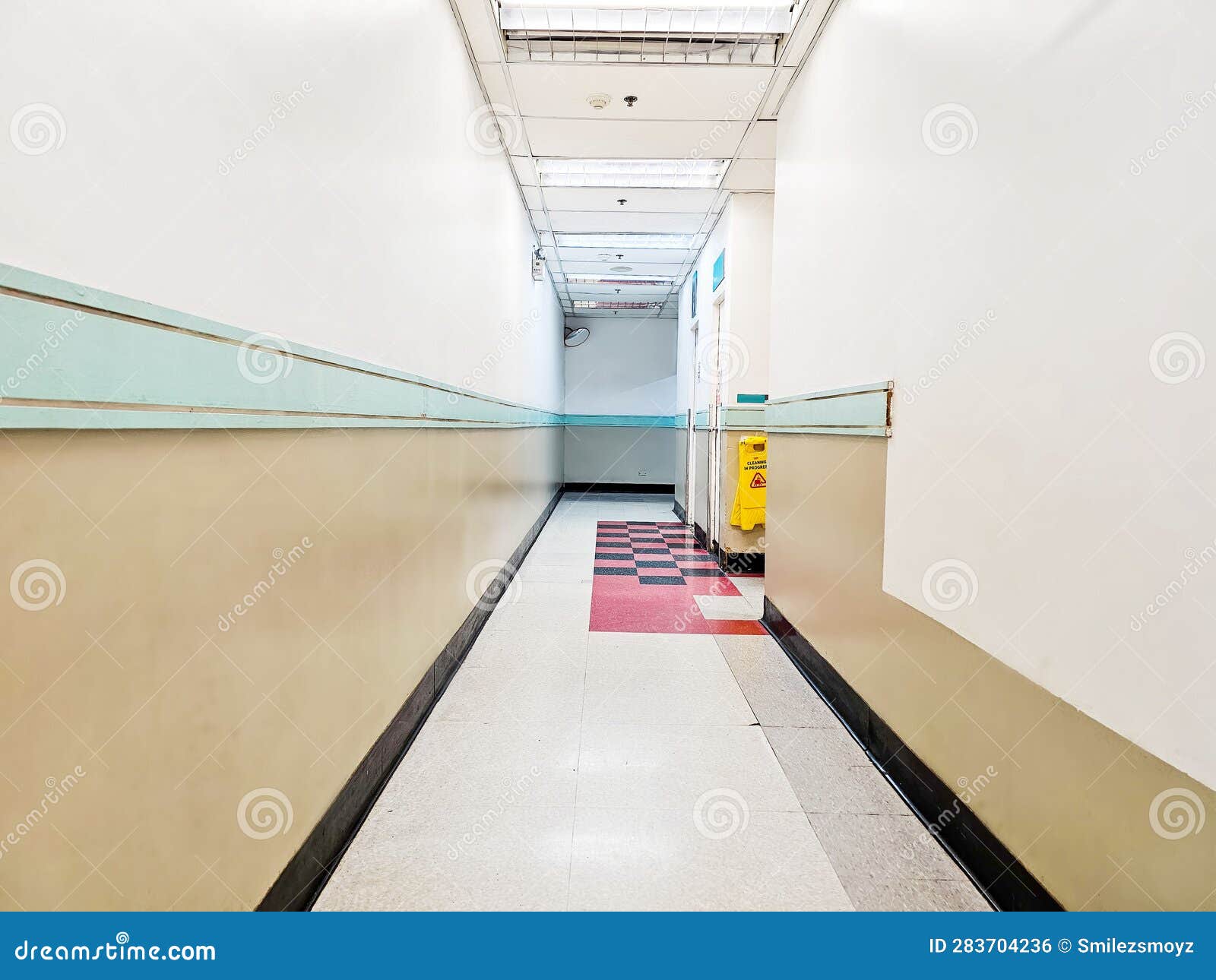 Long Corridor with Cleaning in Progress Warning Sign. Stock Photo ...