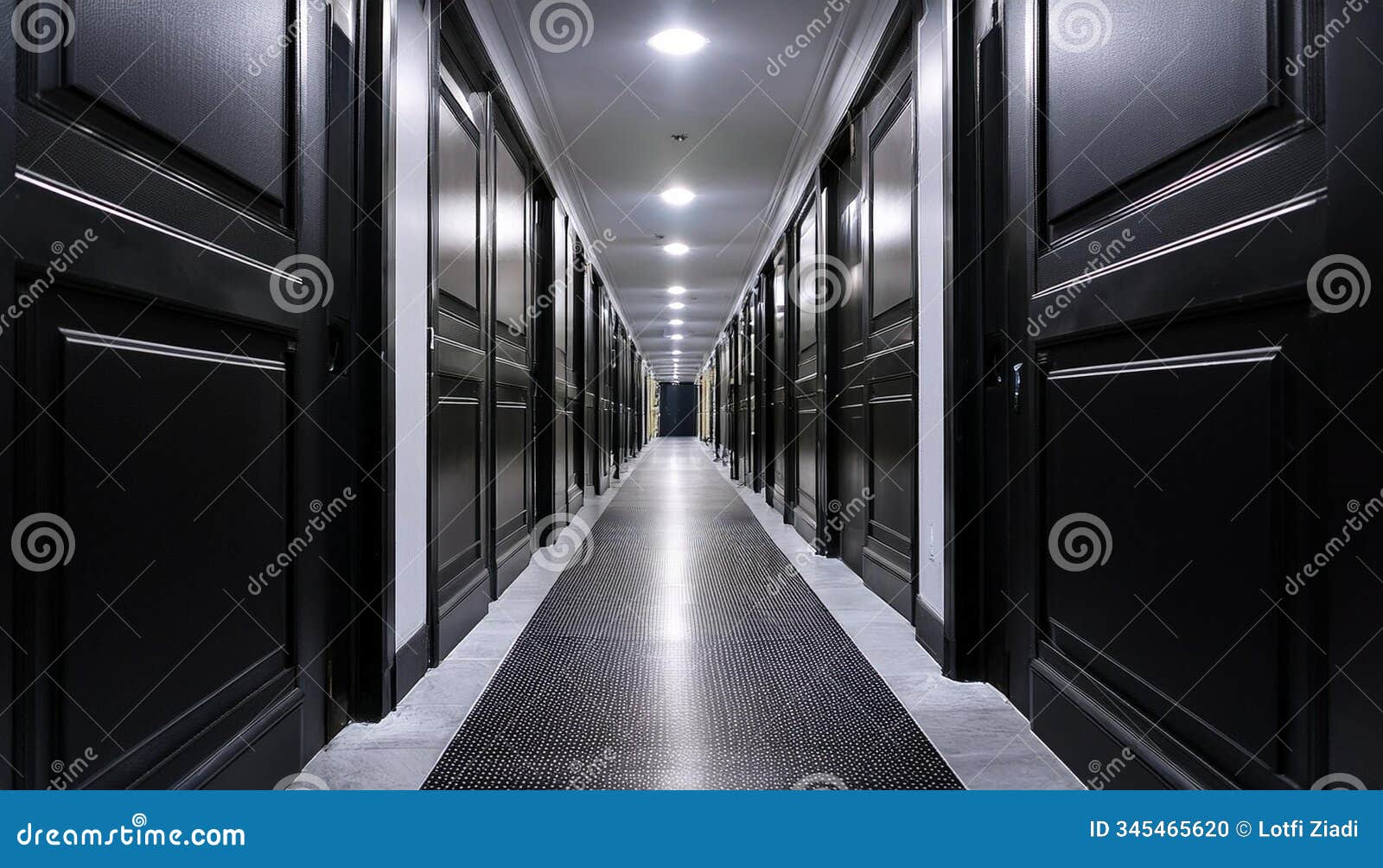 Long Corridor with Closed Black Doors Stock Illustration - Illustration ...