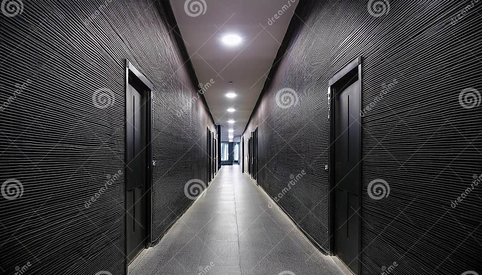 Long Corridor with Closed Black Doors Stock Illustration - Illustration ...