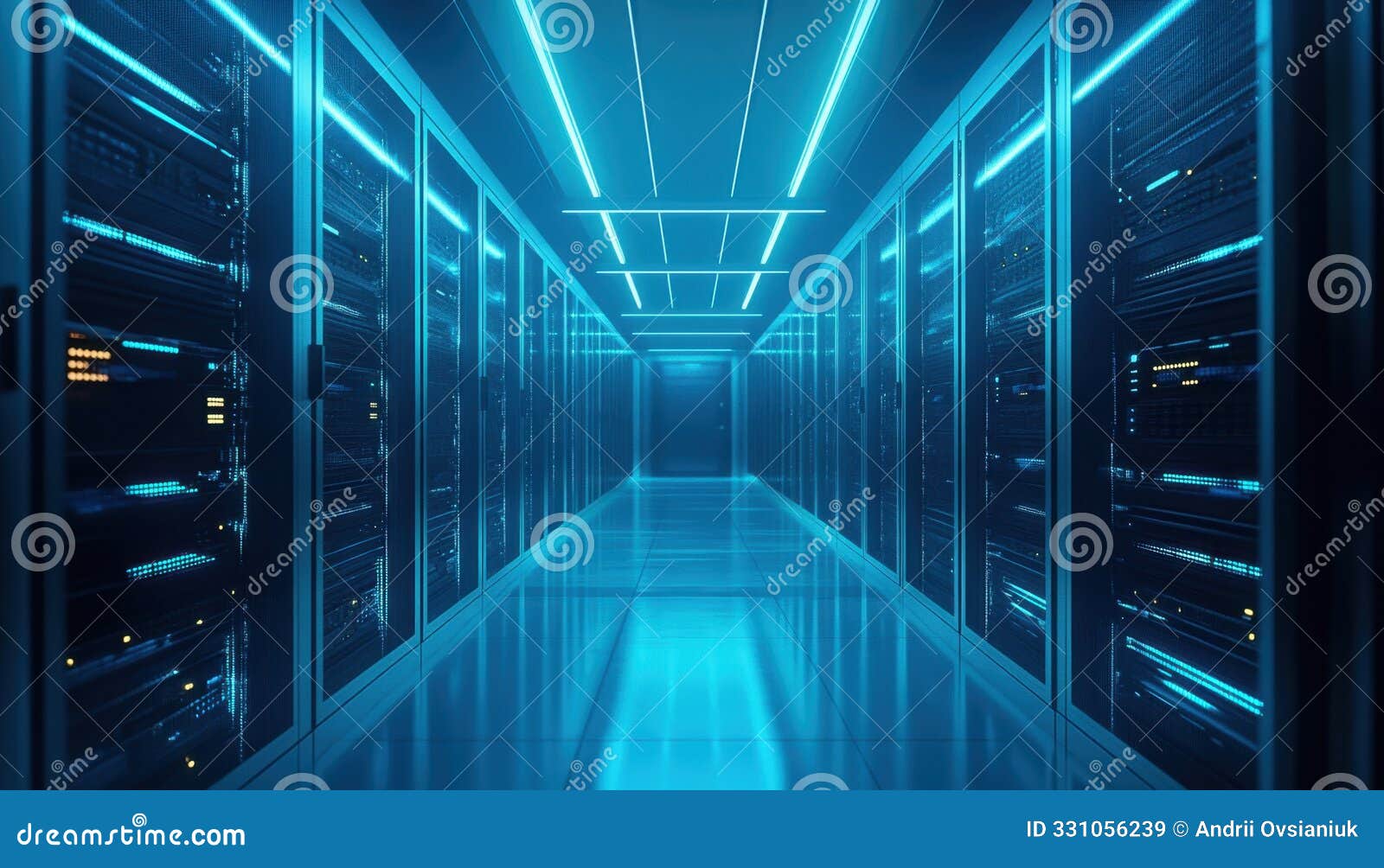 Data Center Corridor Filled with Glowing Blue Light and Server Racks at ...