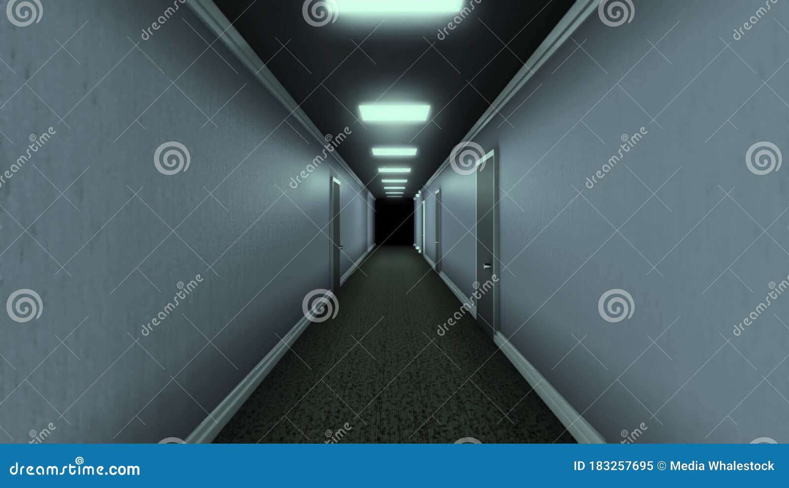 Long Corridor With Doors And Darkness At End. Animation. Moving Forward ...