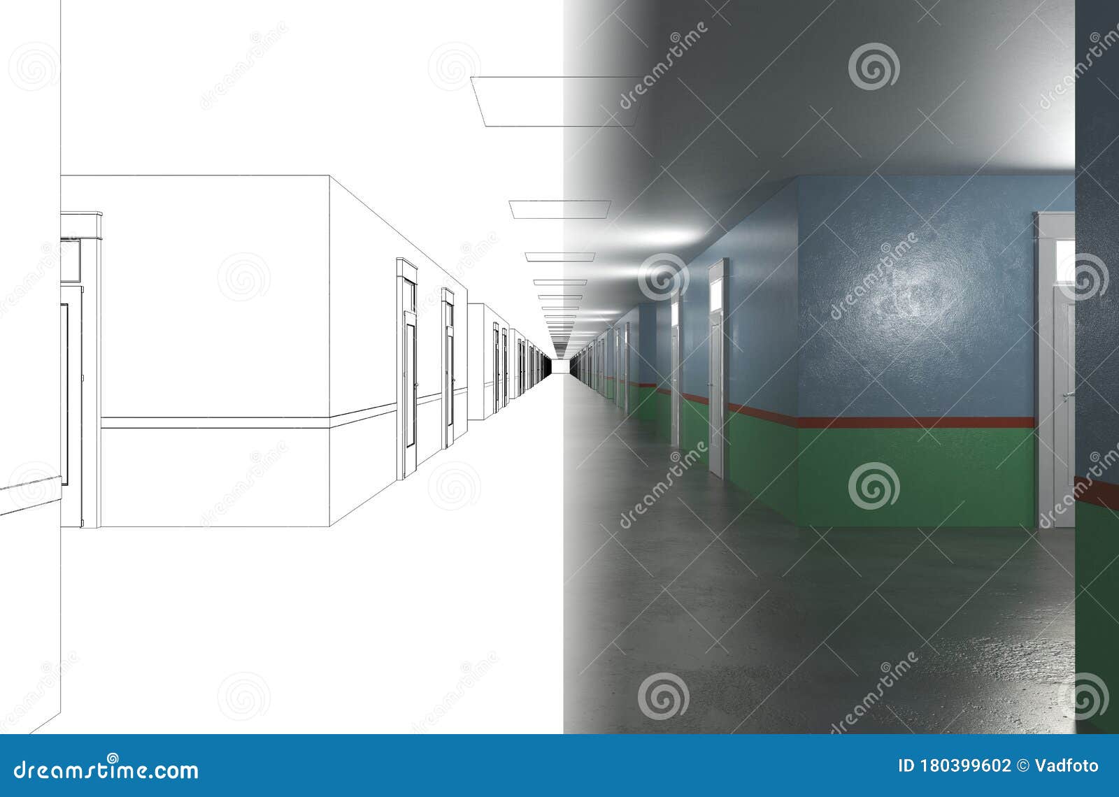 Long Corridor, Interior Visualization, 3D Illustration Stock ...