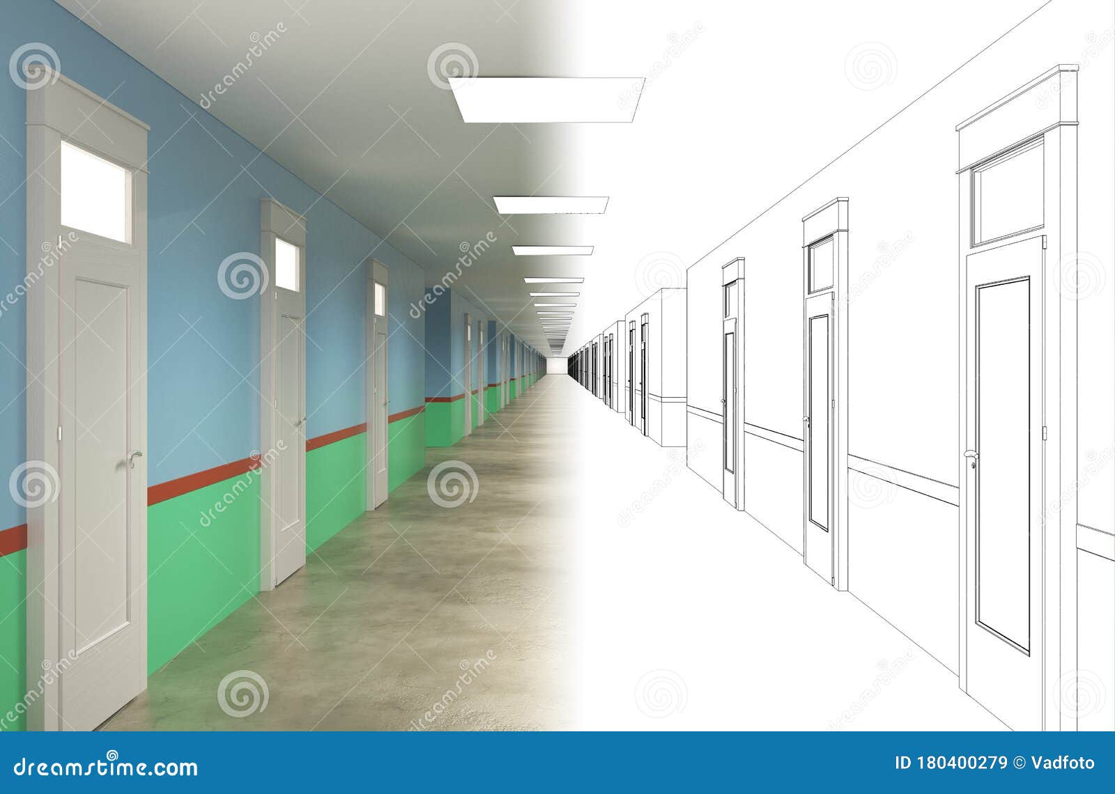 Long Corridor, Interior Visualization, 3D Illustration Stock ...