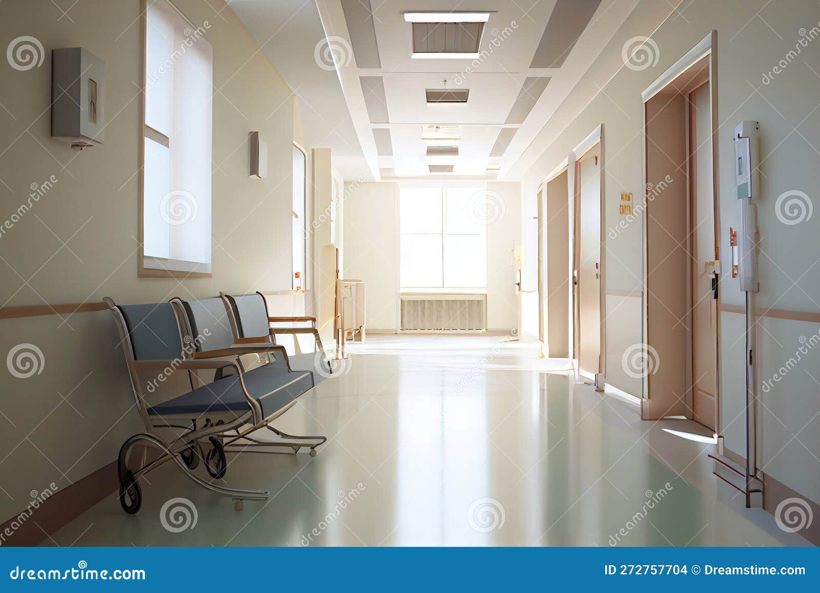 Long Corridor in Hospital with Doors and Reflections Stock Illustration ...