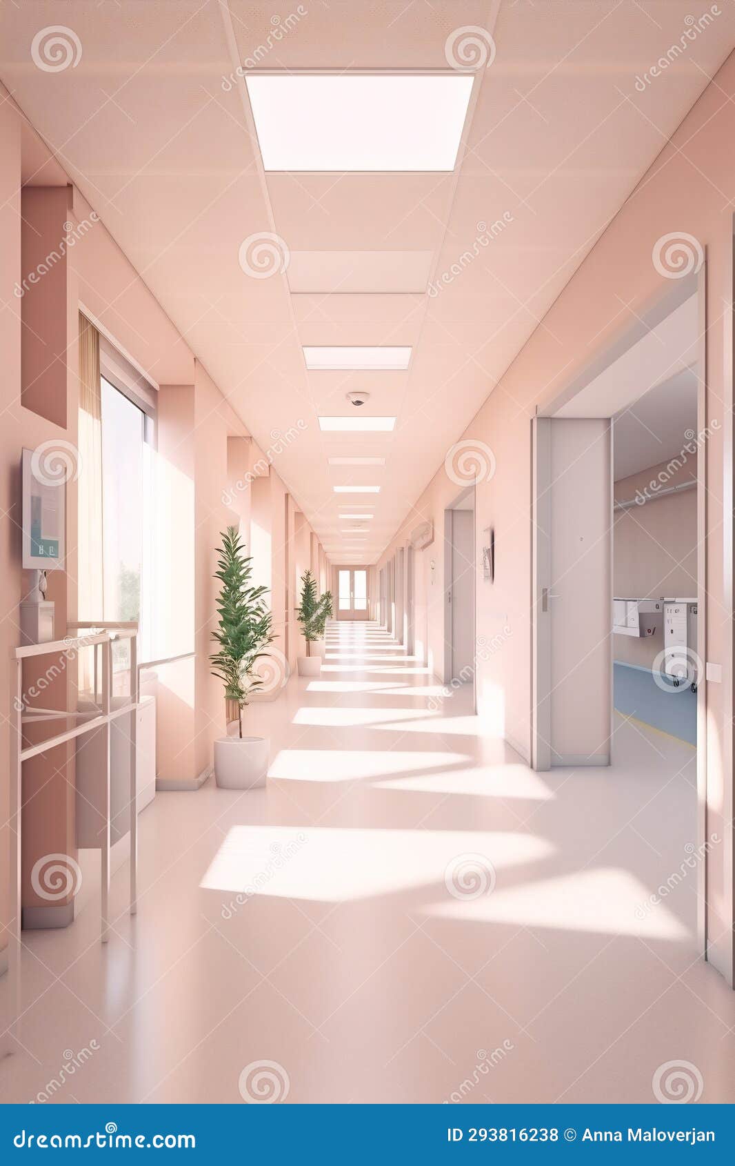 Long Corridor in Hospital with Doors and Reflections Stock Photo ...