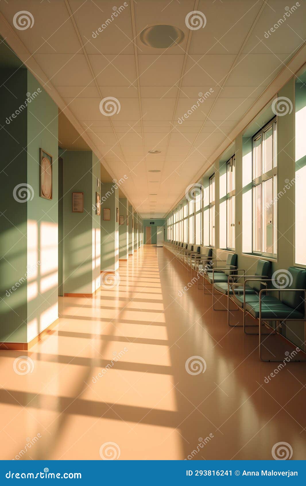 Long Corridor in Hospital with Doors and Reflections Stock Image ...