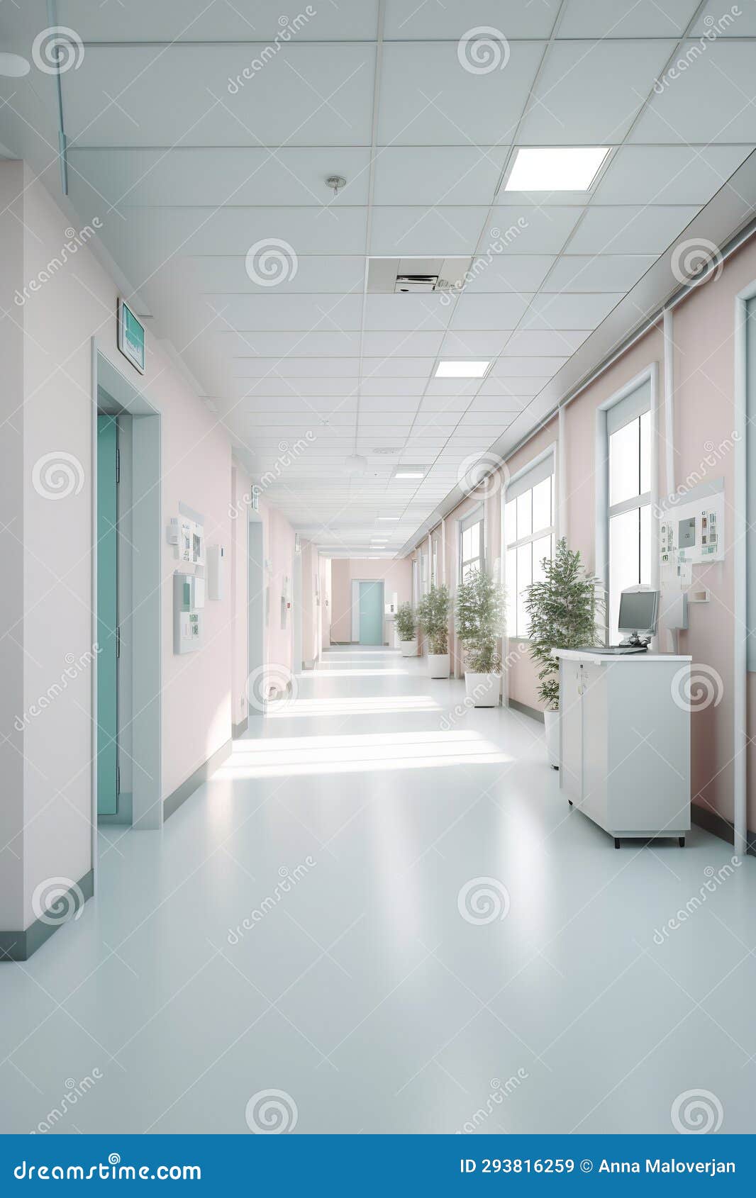 Long Corridor in Hospital with Doors and Reflections Stock Image ...
