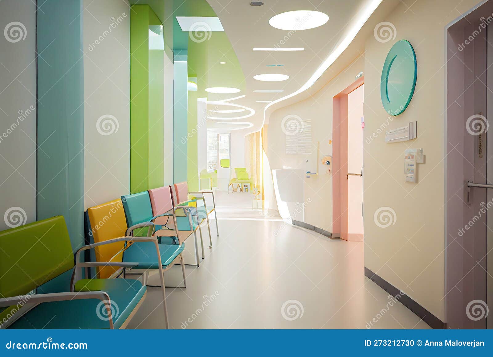 Long Corridor in Hospital with Doors and Reflections. Children S ...