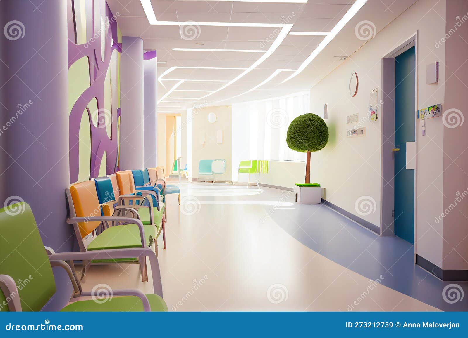 Long Corridor in Hospital with Doors and Reflections. Children S ...