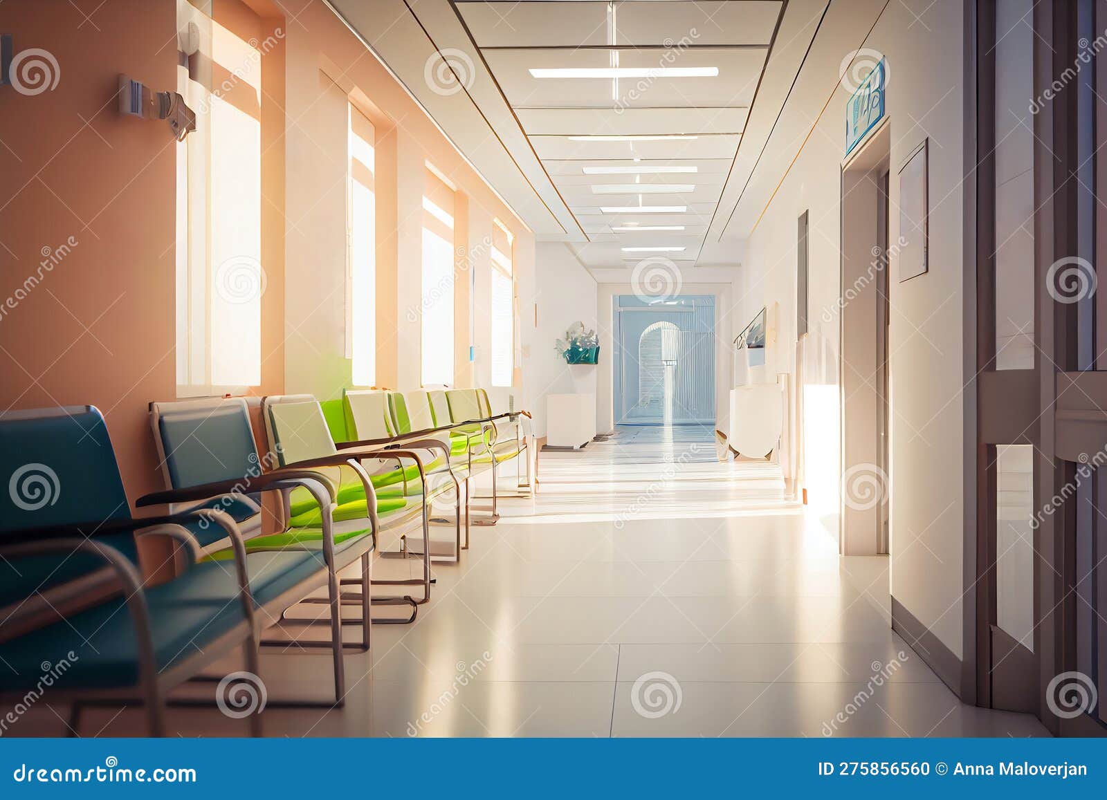 Long Corridor in Hospital with Doors and Reflections. Children S ...