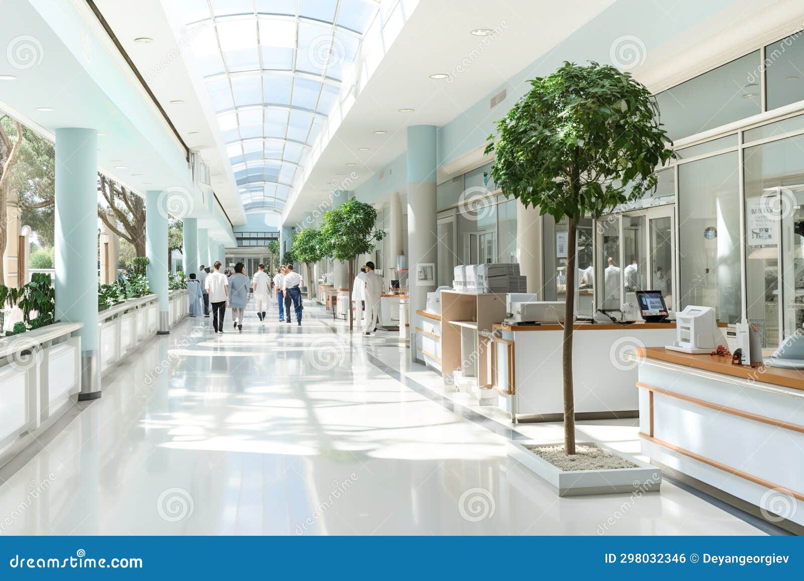 A Long Corridor in a Hospital. Hallway with Potted Plants and a ...
