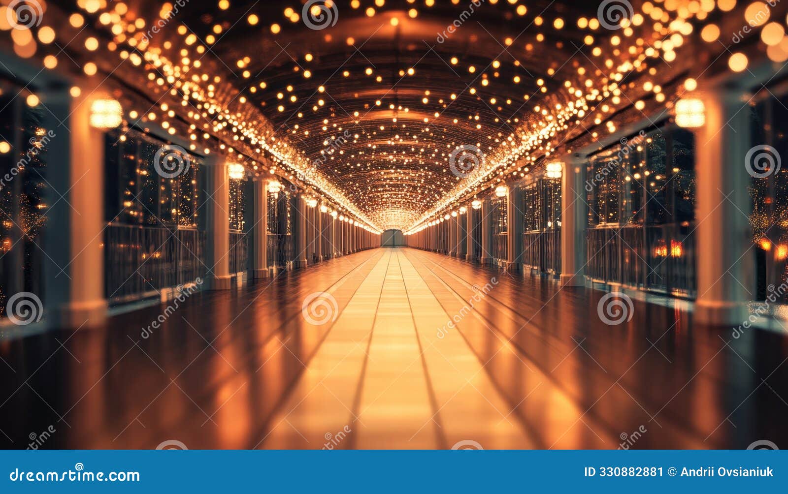 Glowing Pathway Adorned with String Lights in a Luminous Evening ...