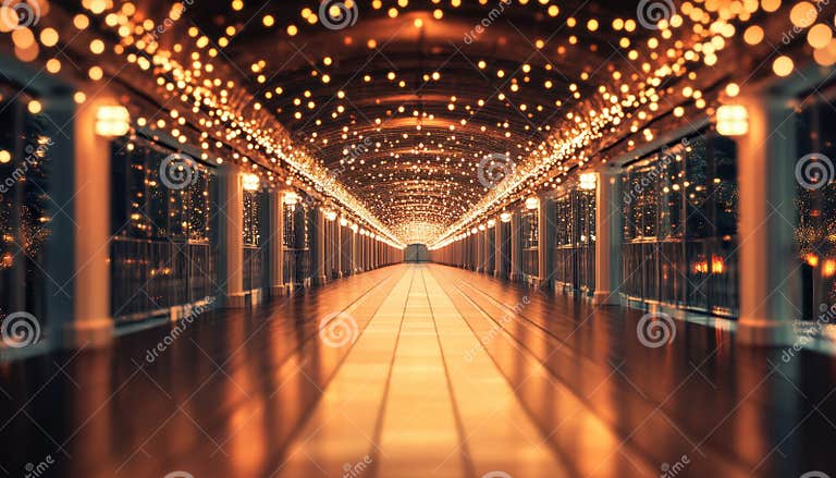 Glowing Pathway Adorned with String Lights in a Luminous Evening ...