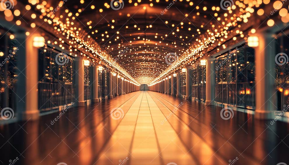Glowing Pathway Adorned with String Lights in a Luminous Evening ...