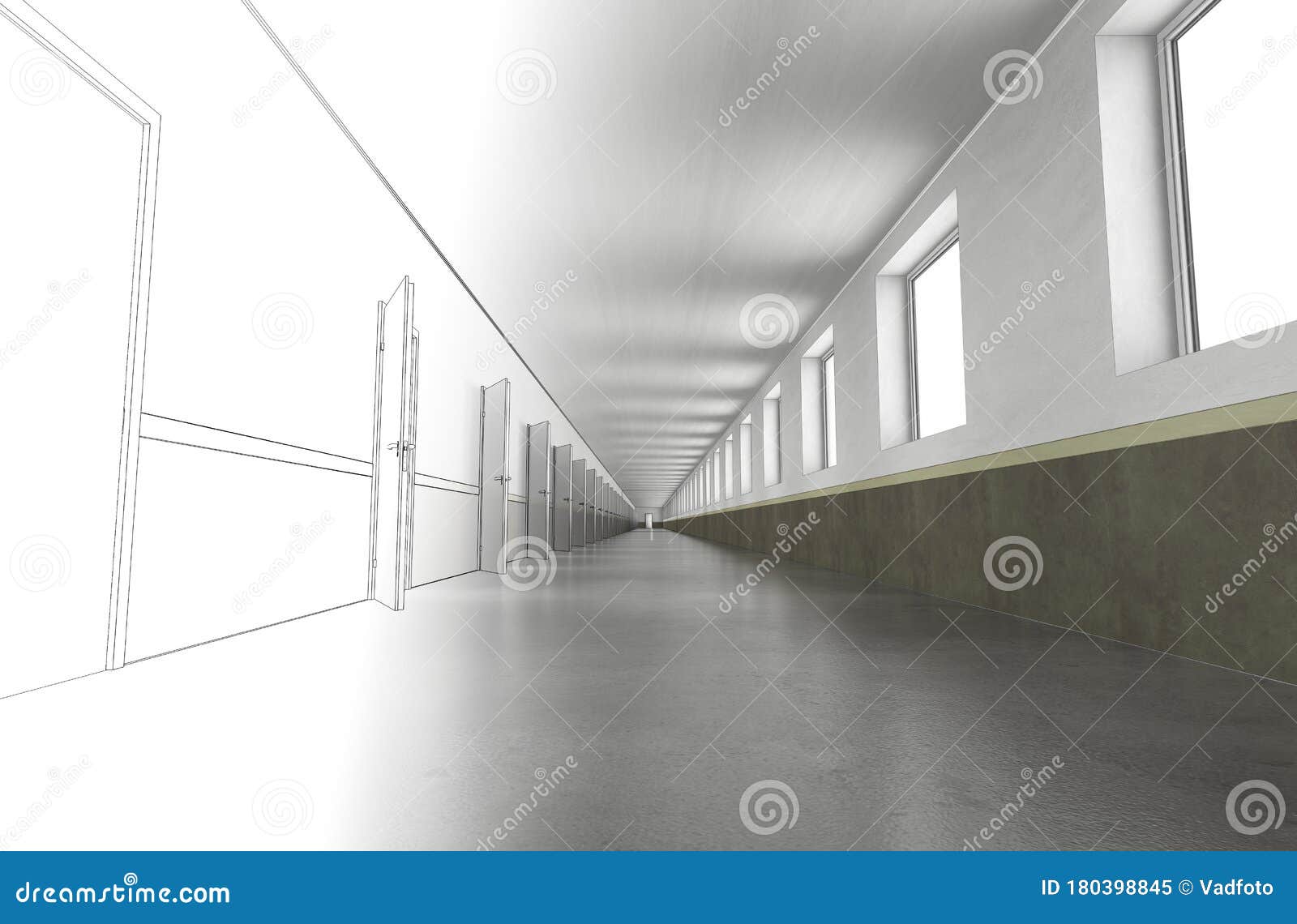 Long Corridor, Interior Visualization, 3D Illustration Stock ...
