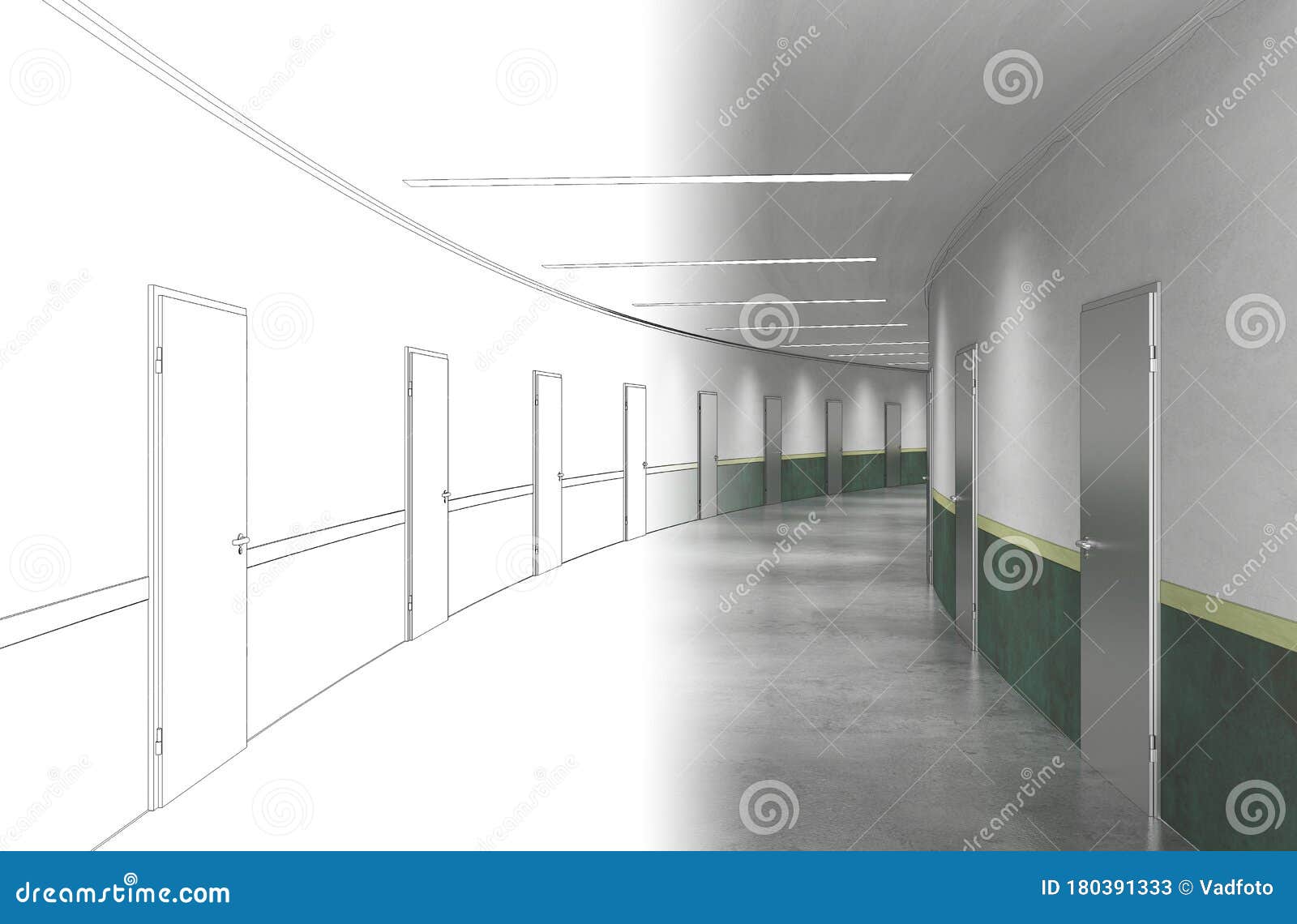 Long Corridor, Interior Visualization, 3D Illustration Stock ...