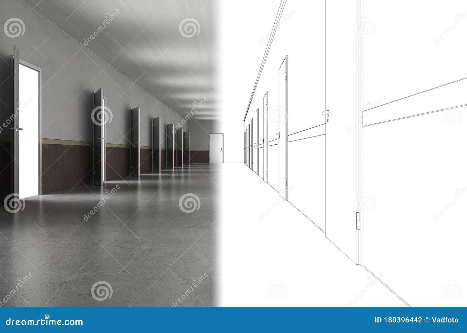 Long Corridor, Interior Visualization, 3D Illustration Stock ...
