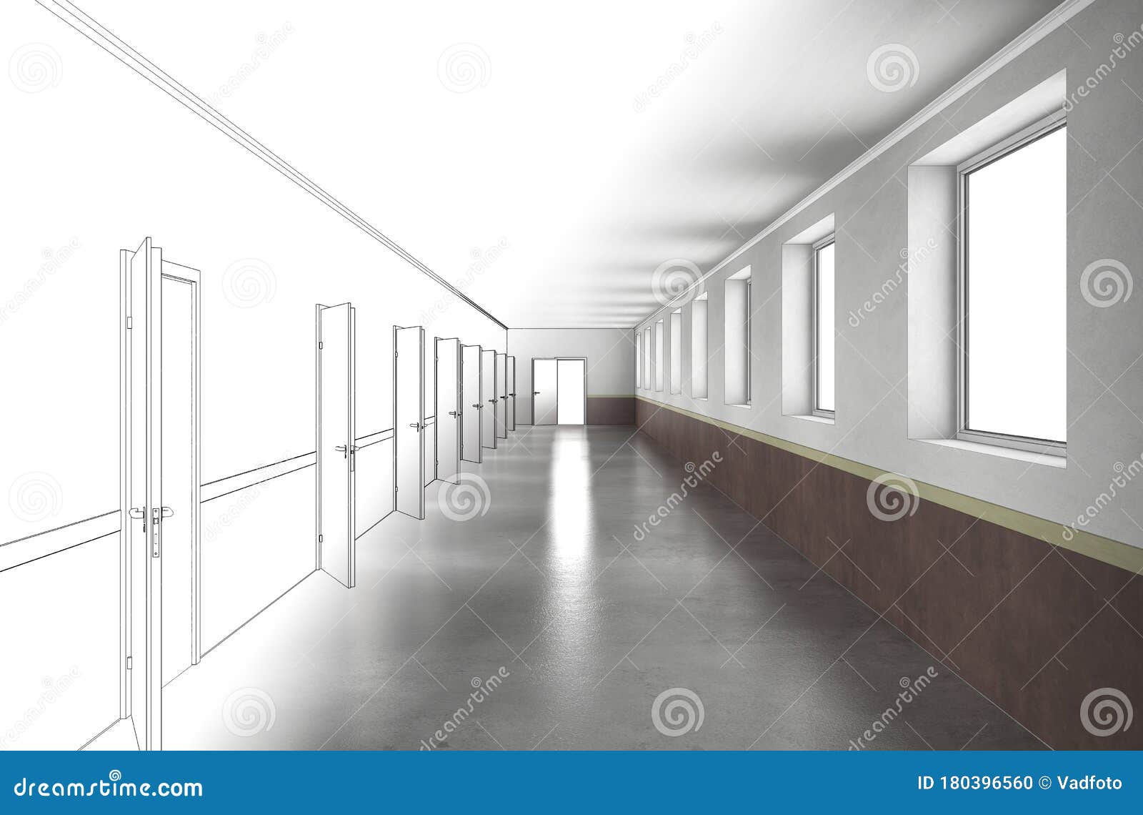 Long Corridor, Interior Visualization, 3D Illustration Stock ...