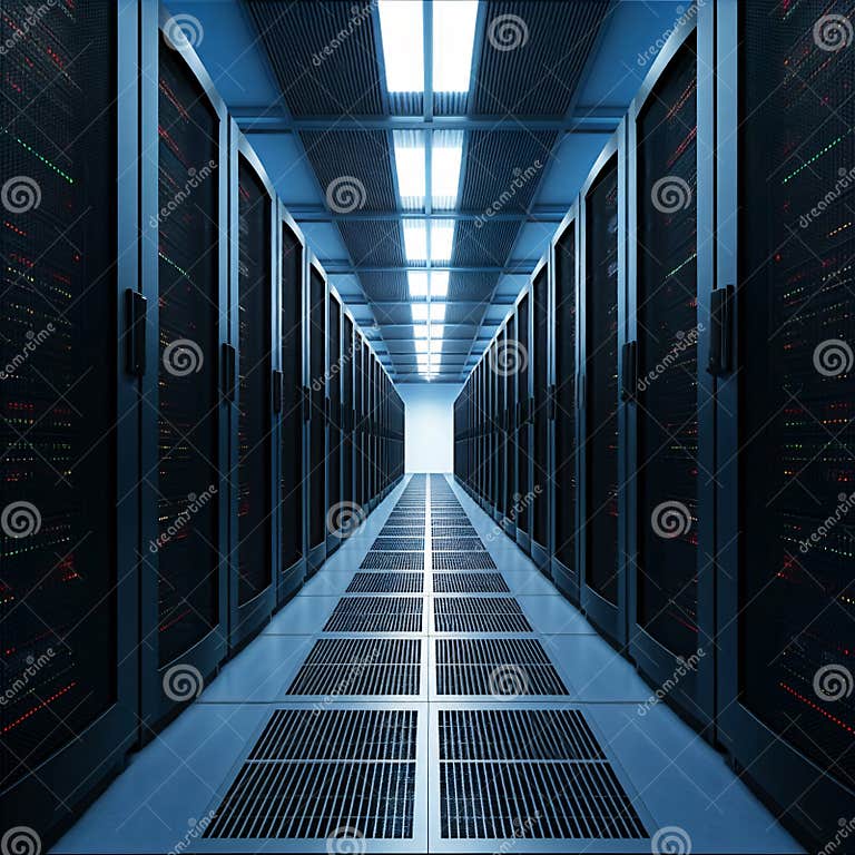Long Corridor Lined with Rows of Server Racks in a Data Center Stock ...