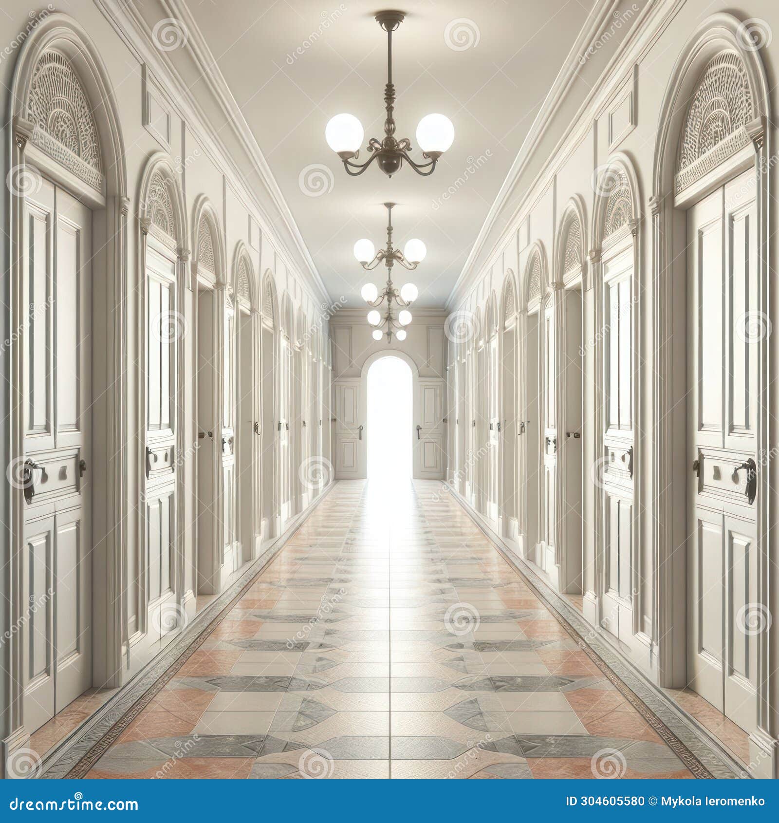 A Long Corridor with Many Doors. Stock Photo - Image of interior ...