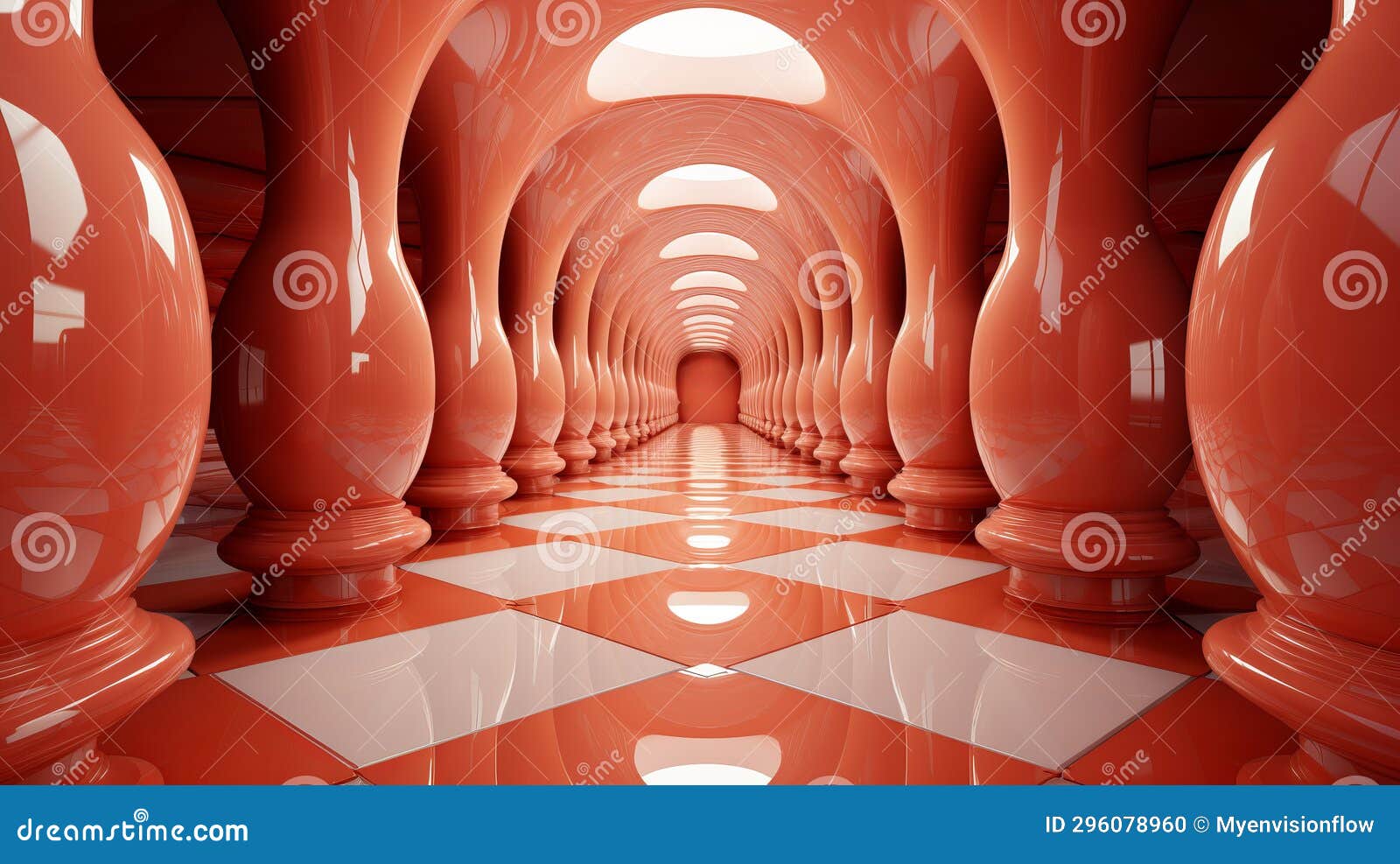 A Long Corridor with Red Columns and White Floor Stock Illustration ...