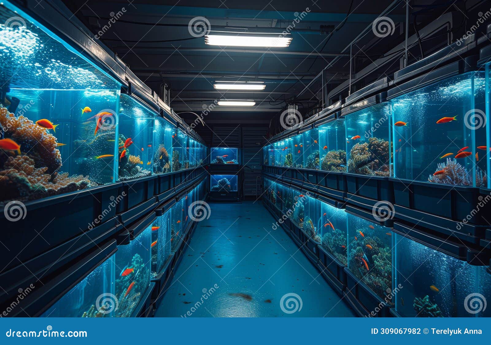 Long Corridor with Shelves Full of Fish Tanks Stock Photo - Image of ...