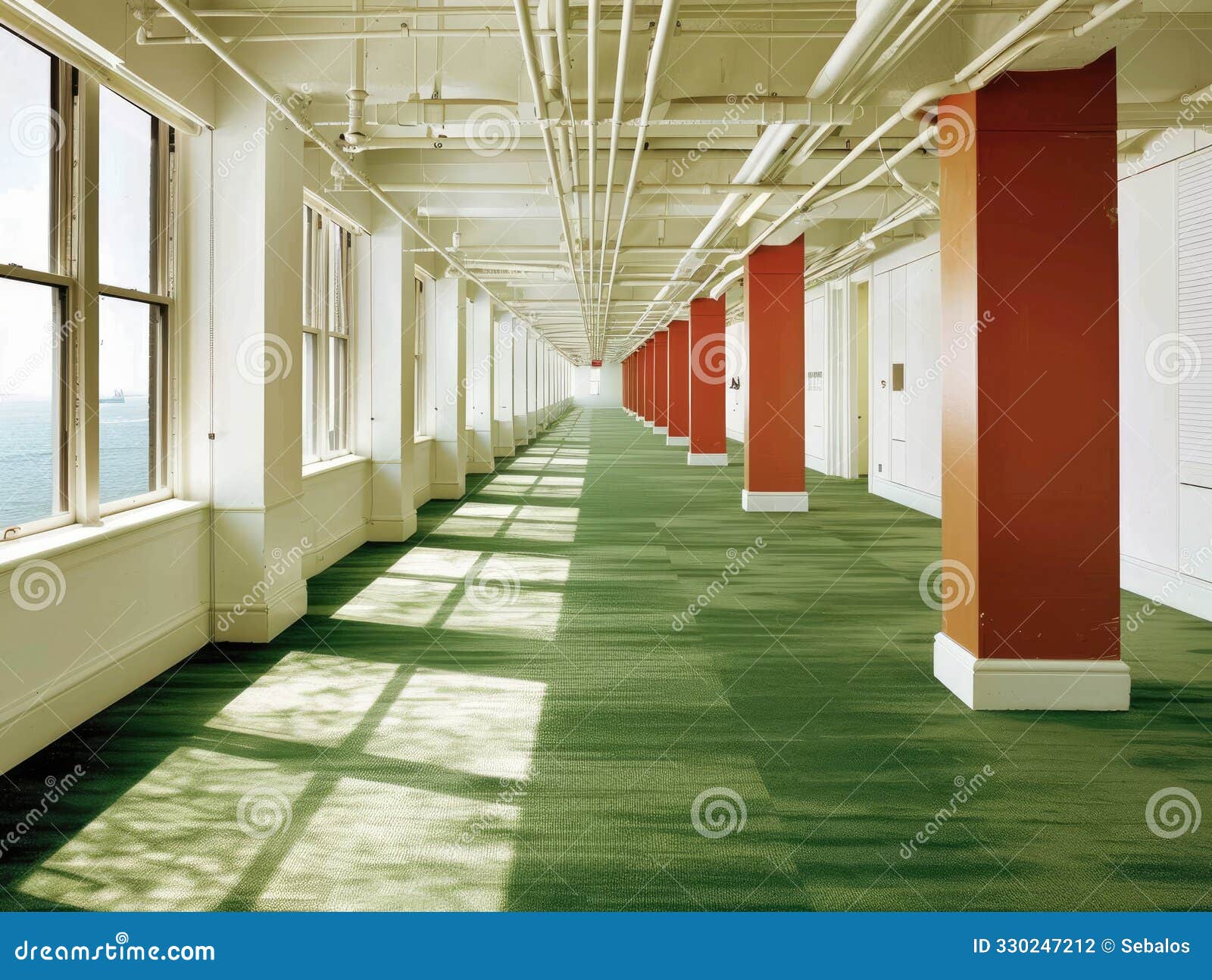 A Long Corridor with Windows and Doors on Each Side Stock Illustration ...