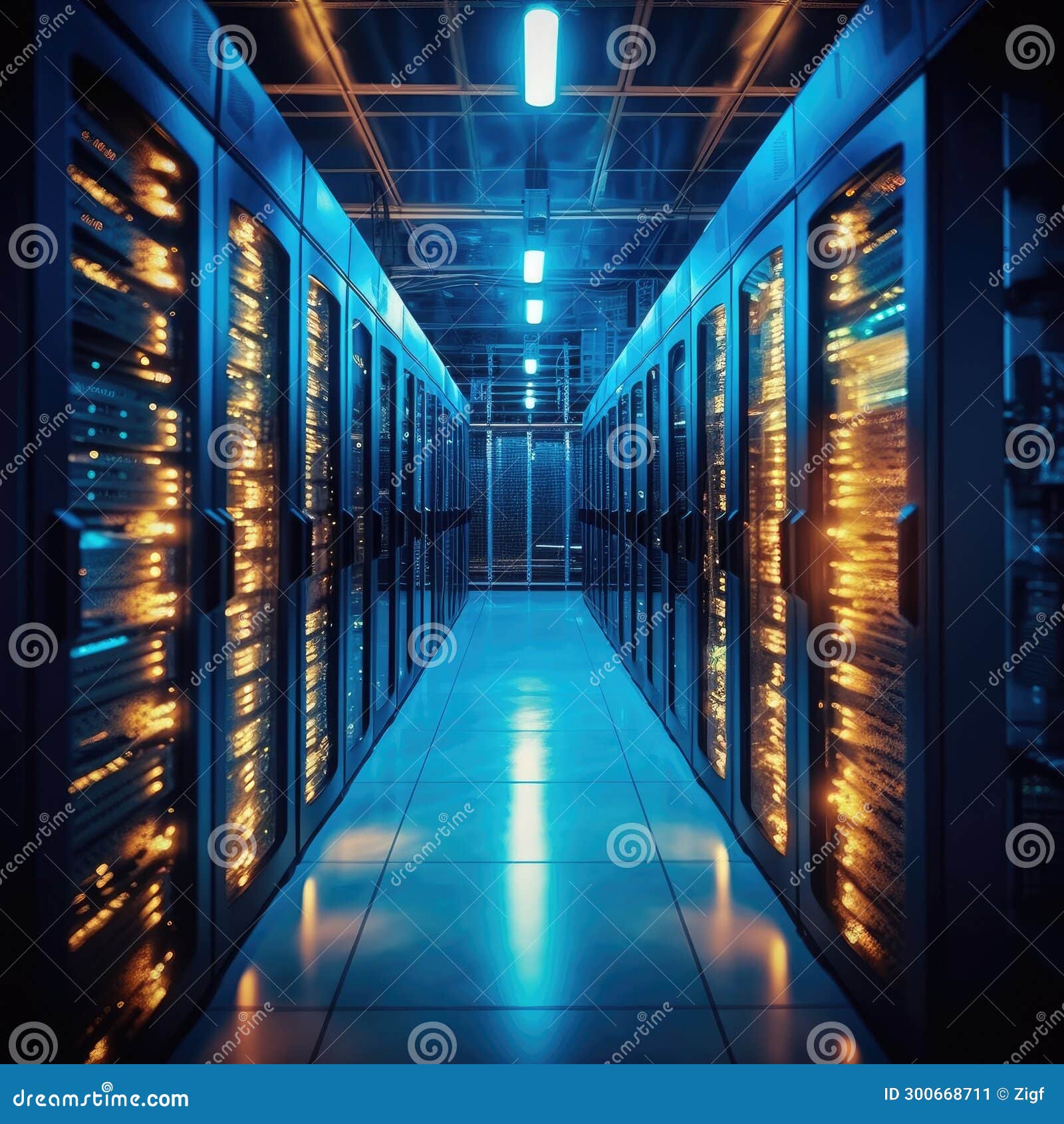 Long, Dark Corridor with Rows of Computer Servers Lining Walls. these ...