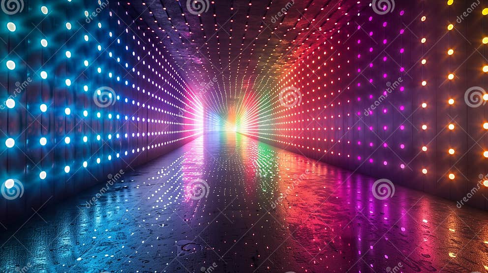 Colorful Led Lights Illuminate Wet Tunnel Pathway Stock Image Image