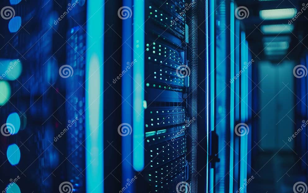 A Long, Dimly-lit Corridor Filled with Rows of Glowing Server Racks ...