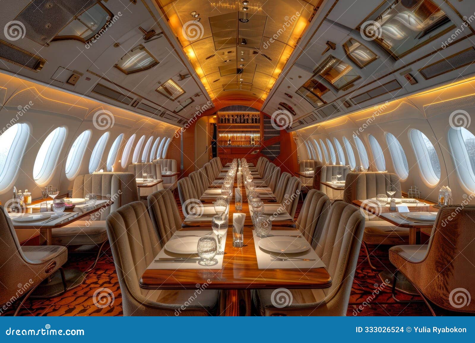 Long Dinner Table Set Inside of Airplane Cabin for Fine Dining ...