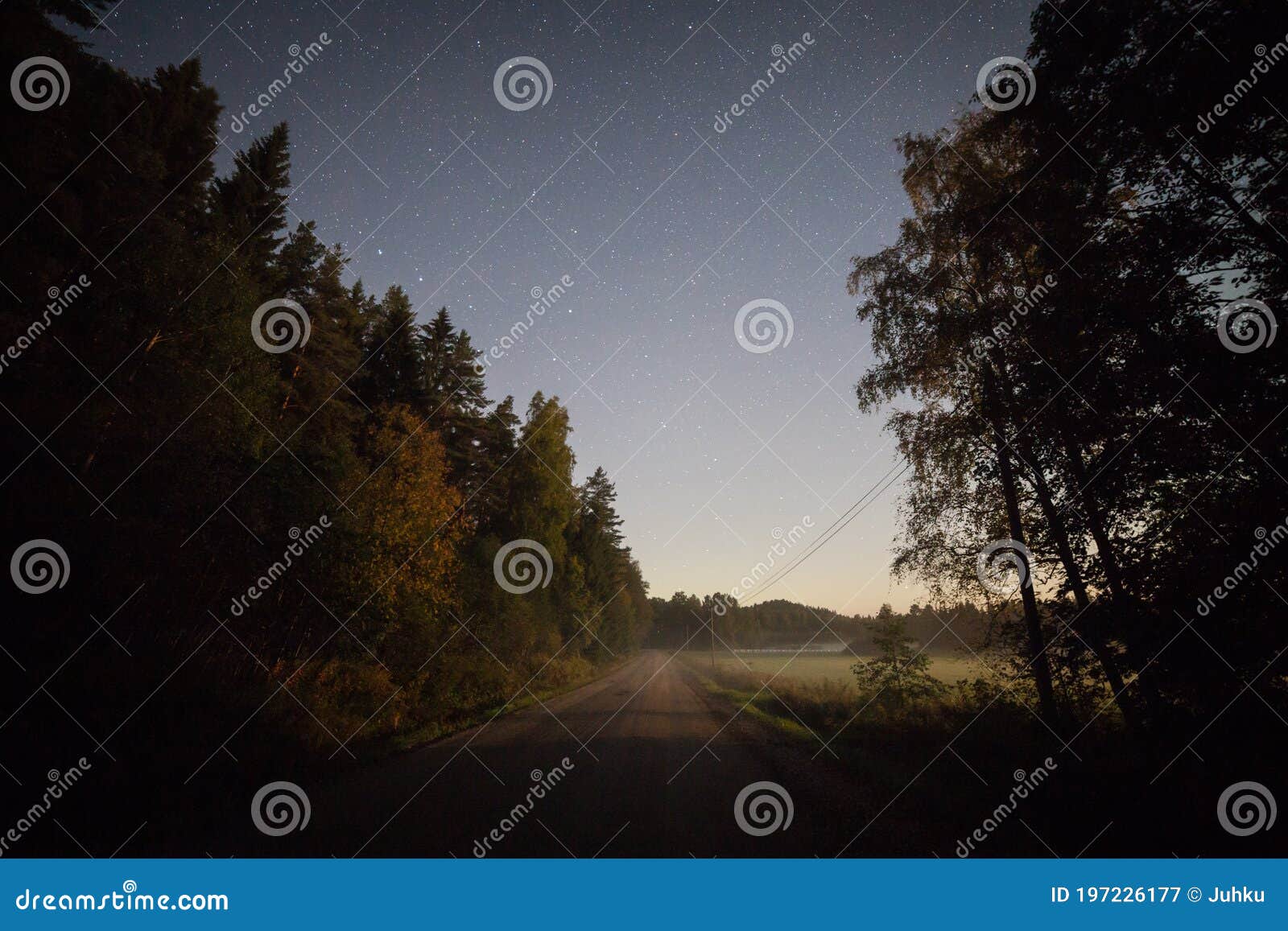 Long Dirt Road and Starry Sky at Night Moonlight Stock Image - Image of ...