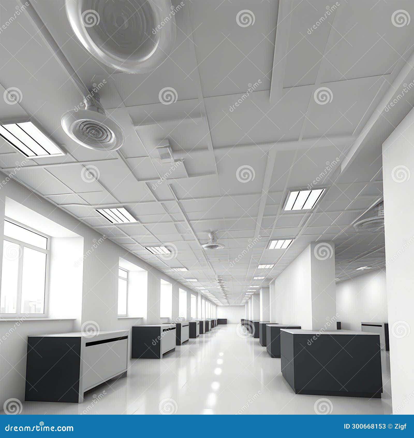 Long, Empty Hallway with White Walls and Ceilings. There are Several ...