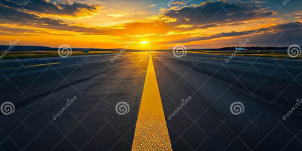 A Long Empty Runway with a Yellow Line in the Middle of it Stock Image ...